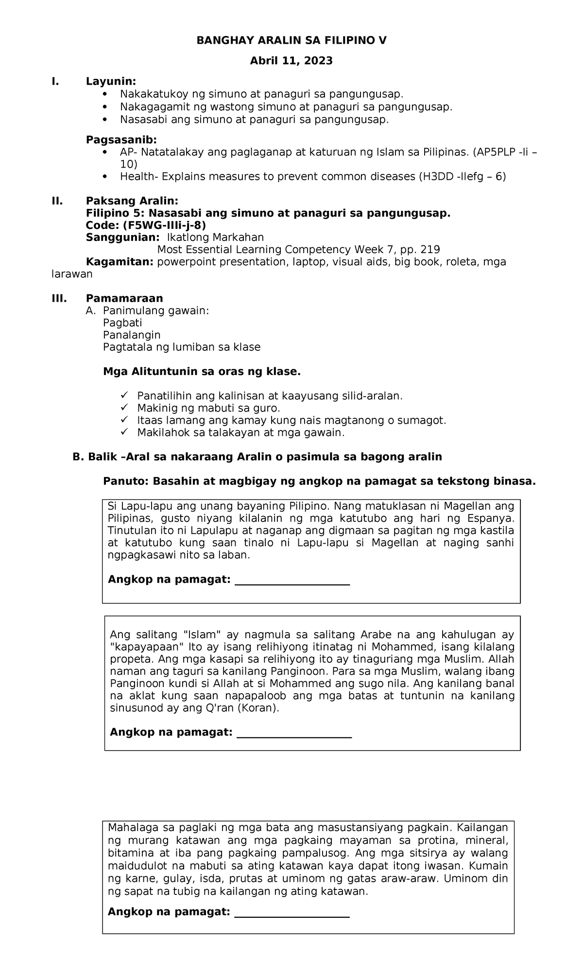 Filipino V Lesson Plan: Simuno at Panaguri (F5WG-IIIi-j-8) - Studocu