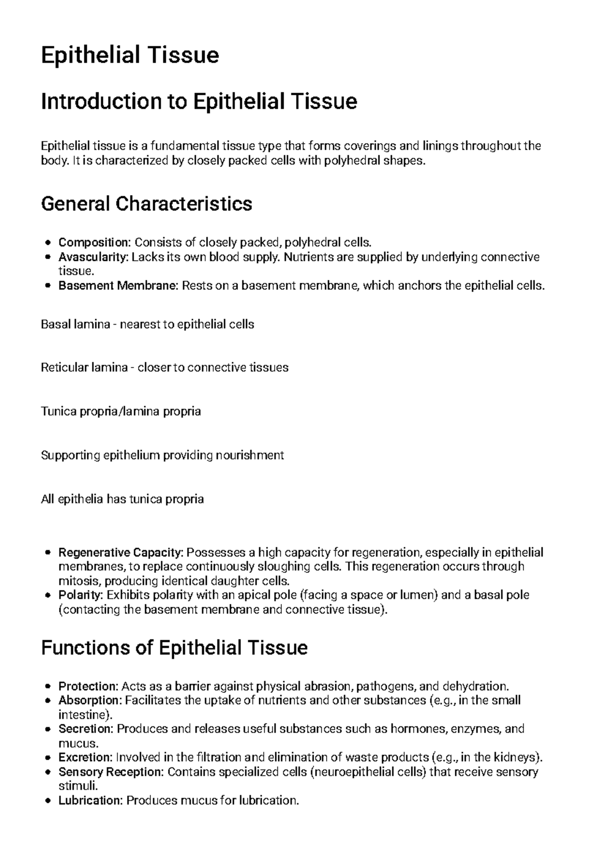 Introduction to Epithelial Tissue - Study Guide (BIO 101) - Studocu