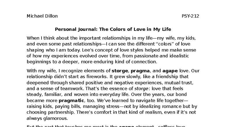 Personal Journal: Exploring Love's Colors in My Life - Studocu