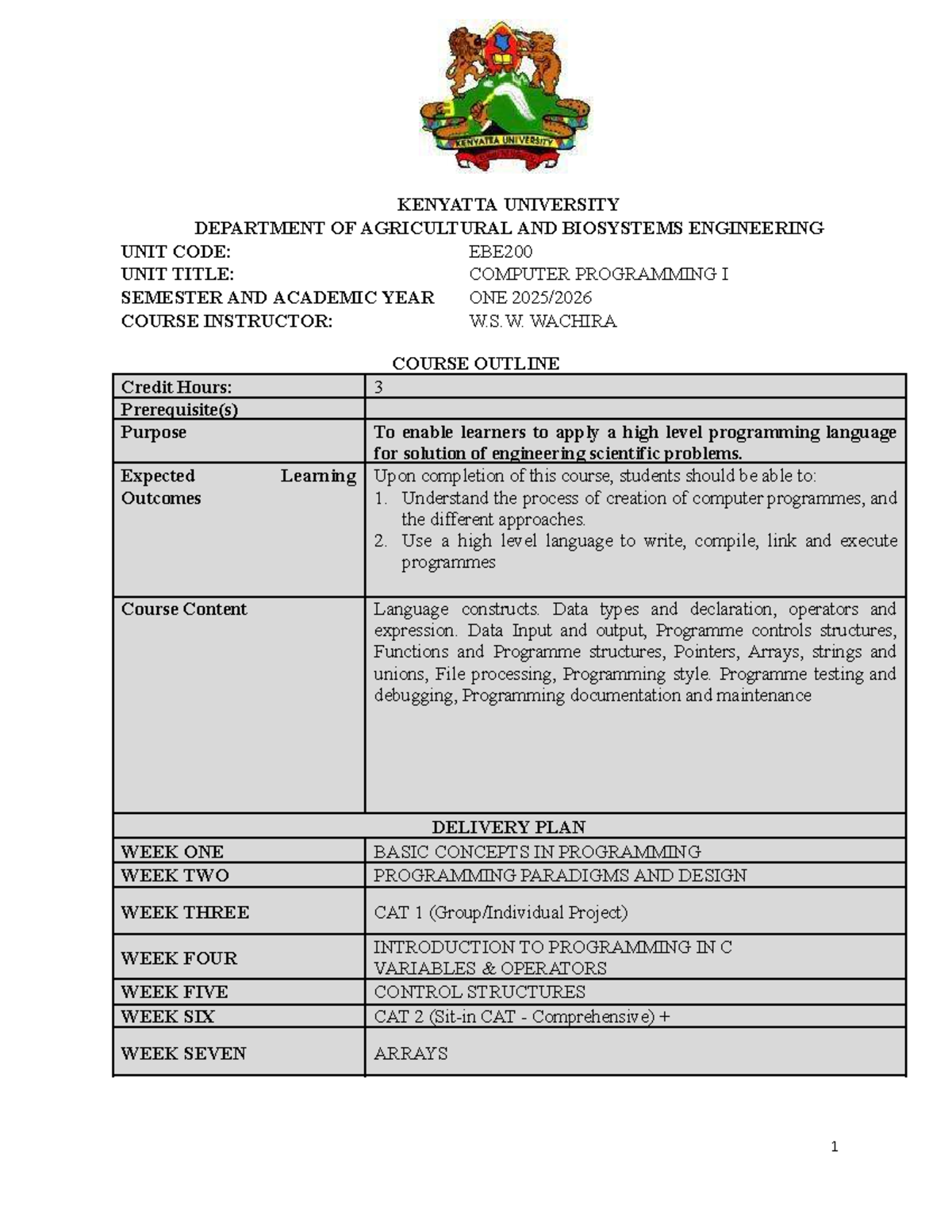 EBE200 Computer Programming I Course Outline and Delivery Plan - Studocu