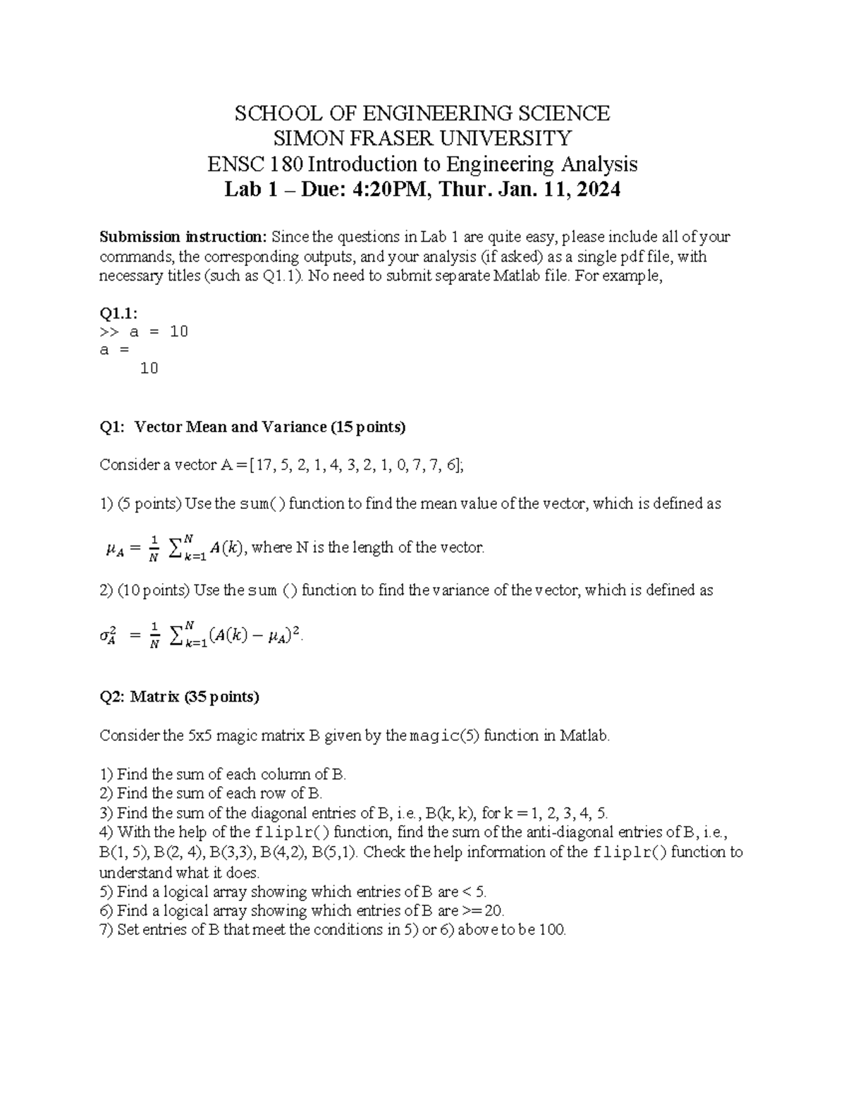 ENSC 180 Lab 1 - Vector Mean, Variance, and Matrix Analysis - Studocu
