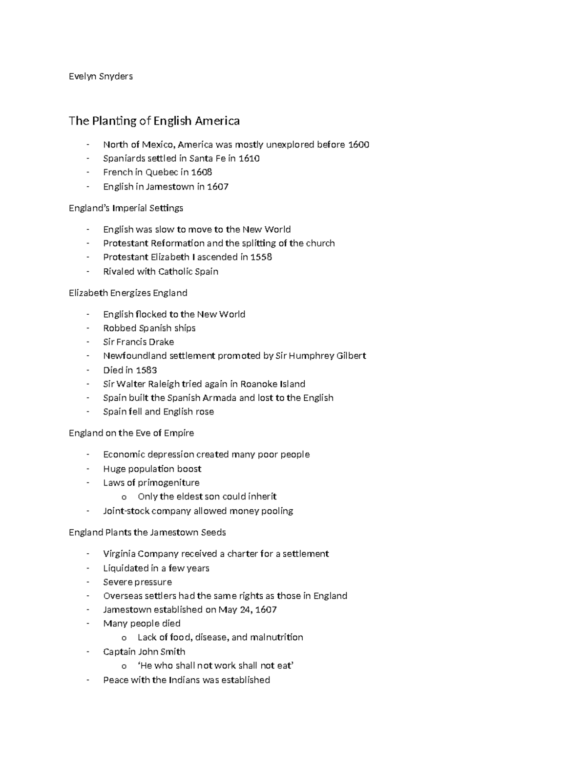 Apush Chp. 2 Notes- The Planting of English America - Evelyn Snyders ...