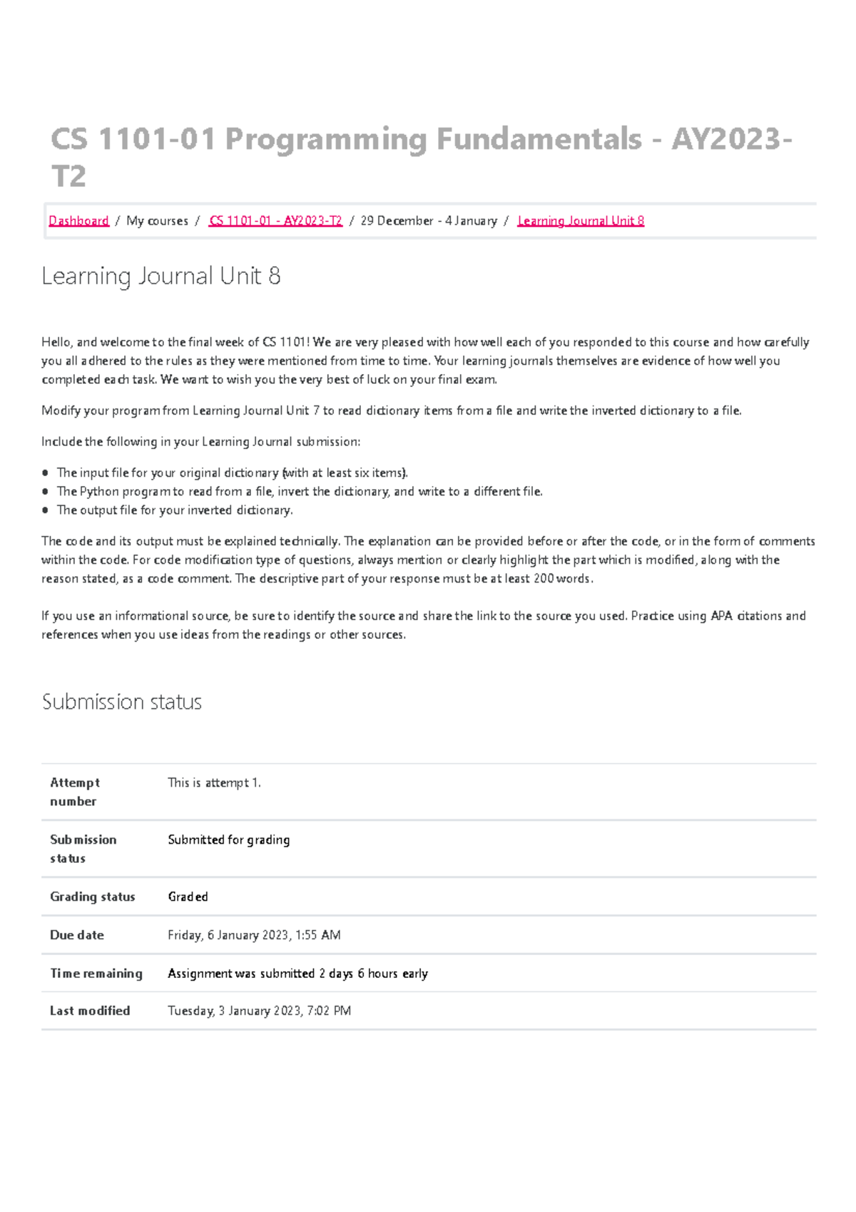 CS 1101-01 - AY2023-T2 Learning Journal Unit 8 - CS 1101-01 Programming Fundamentals - AY2023- T ...
