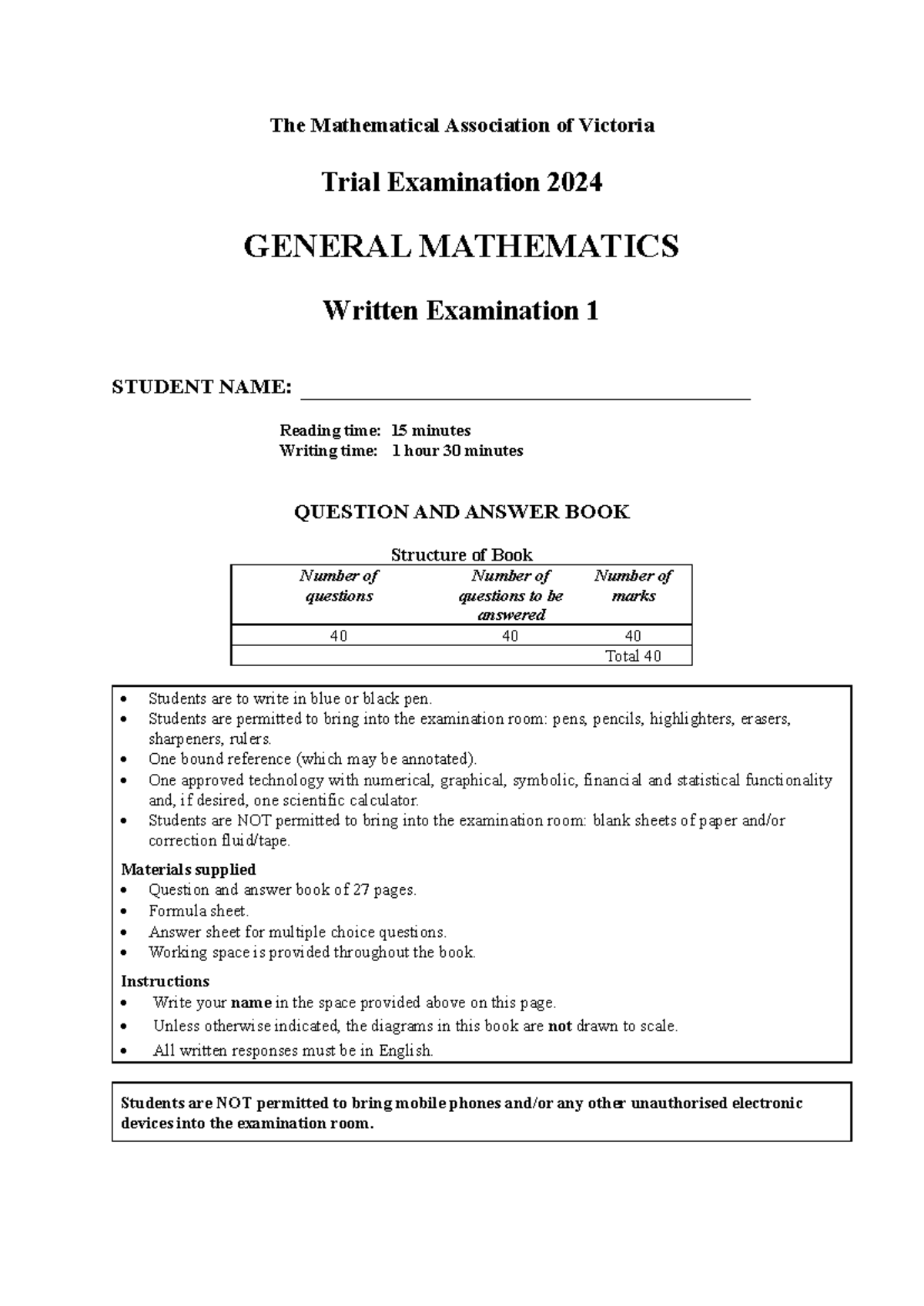 2024 MAV General Mathematics Trial Exam 1 Guide - Studocu