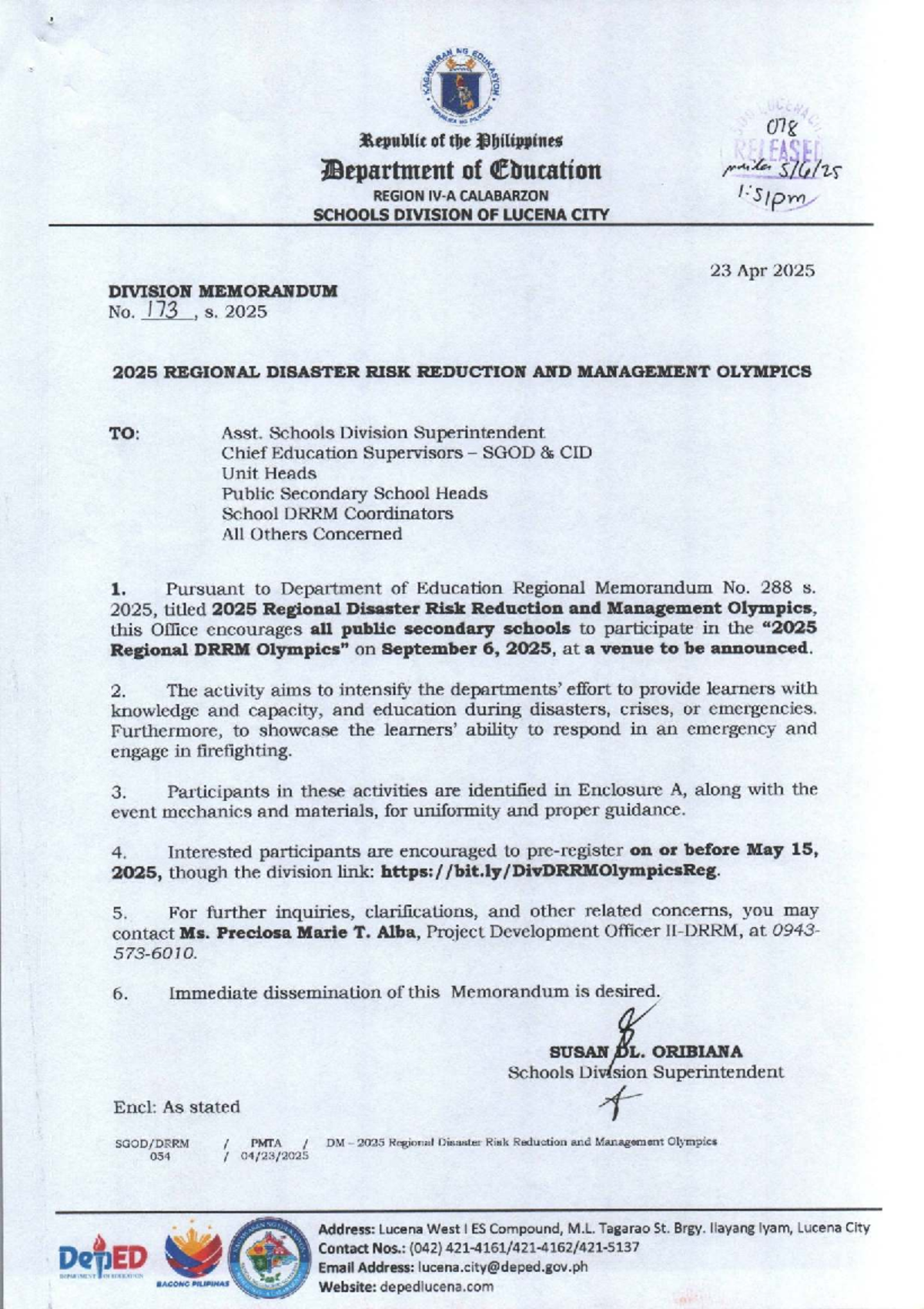 DM 173 S. 2025: Regional DRRM Olympics Guidelines and Participation Details - Studocu