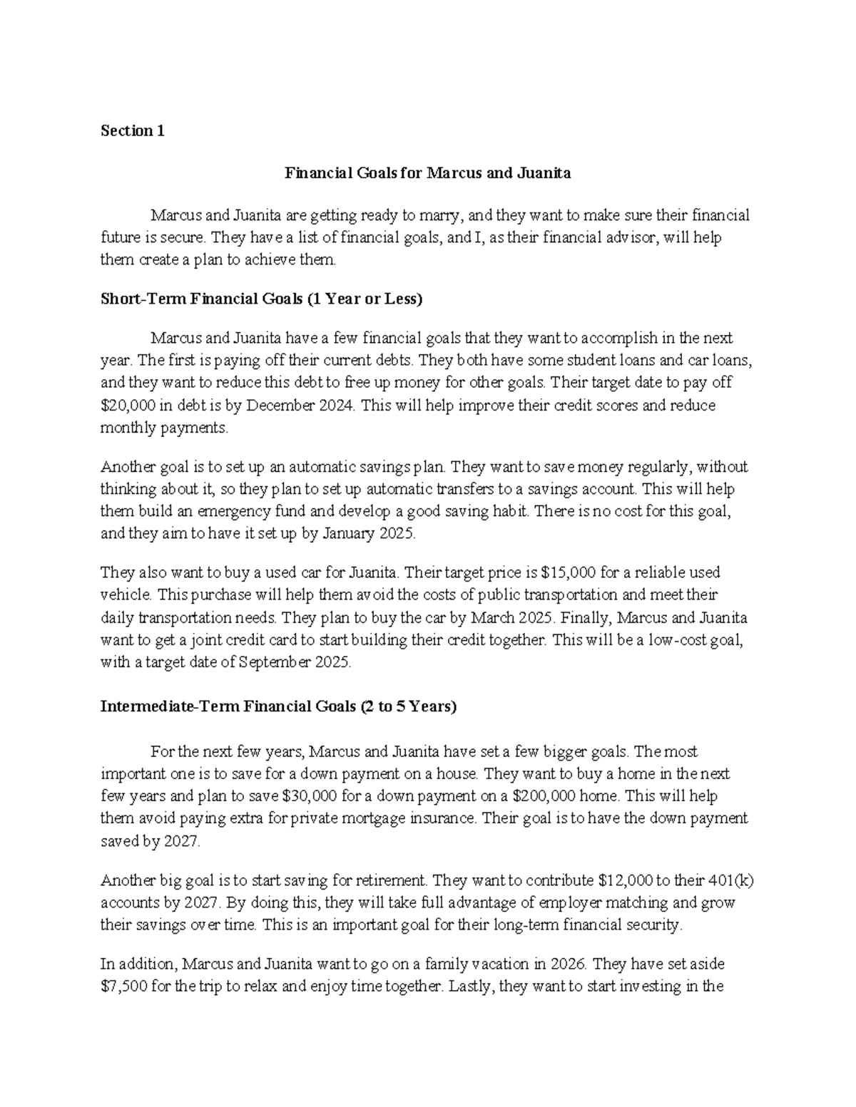 Personal Finance Case Scenarios - Section 1 Financial Goals for Marcus ...