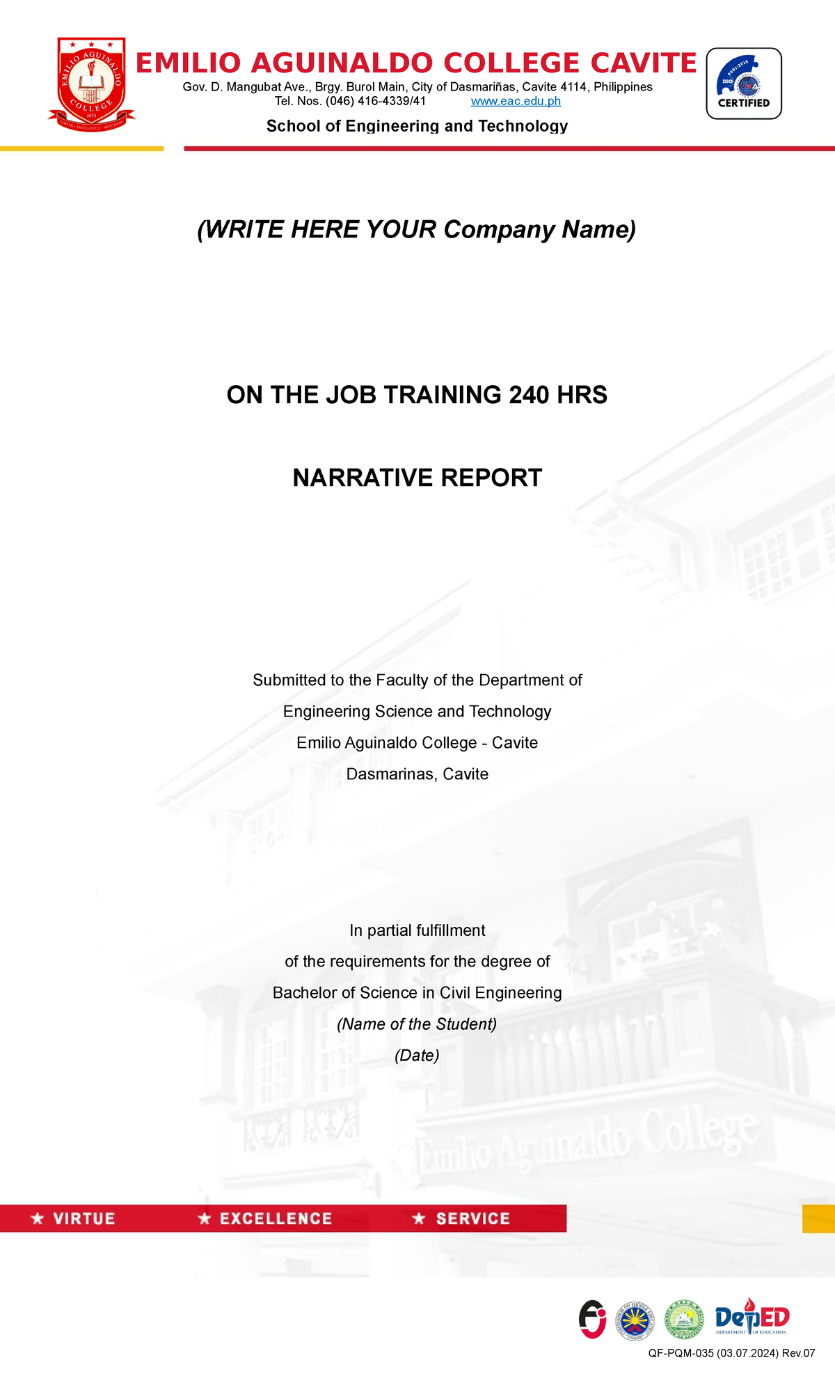 OJT 240-Hour Narrative Report for B.S. in Civil Engineering - Studocu