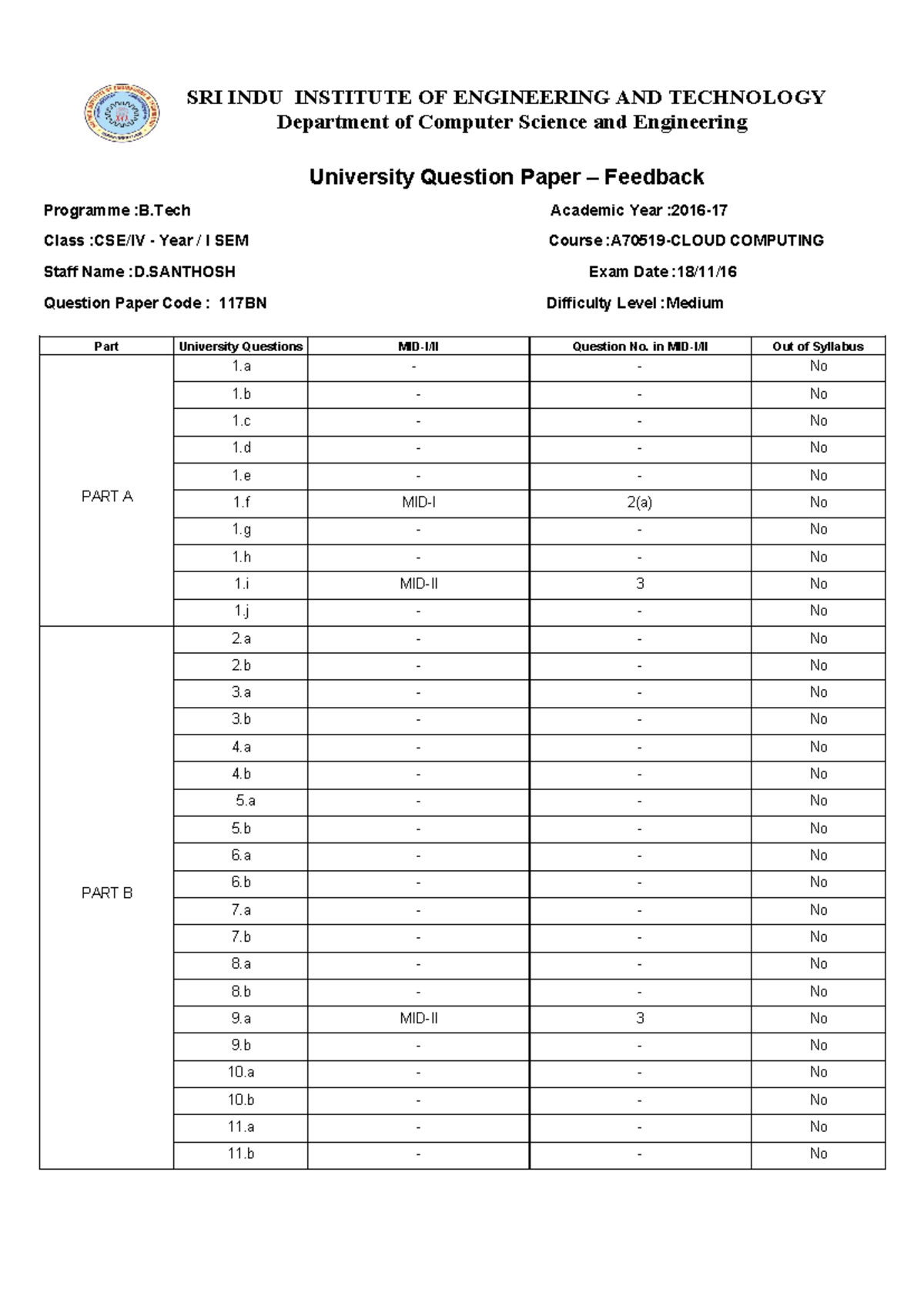 B.Tech I SEM Computing Question Paper Feedback (117BN) 2016-17 - Studocu