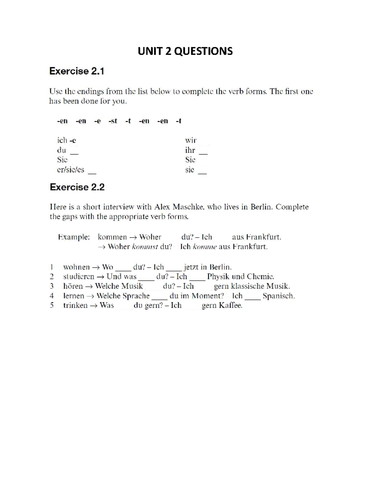UNIT 2 German Questions: Exercises on Verb Forms and Interviews - Studocu
