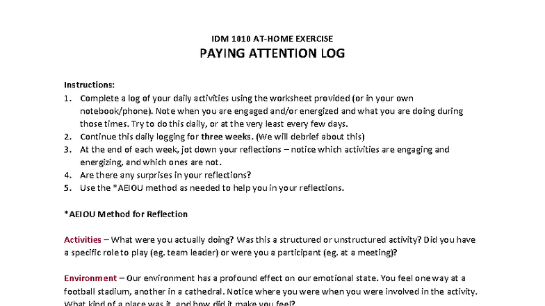 IDM 1010 Exercise: Daily Attention Log & Reflections - Studocu