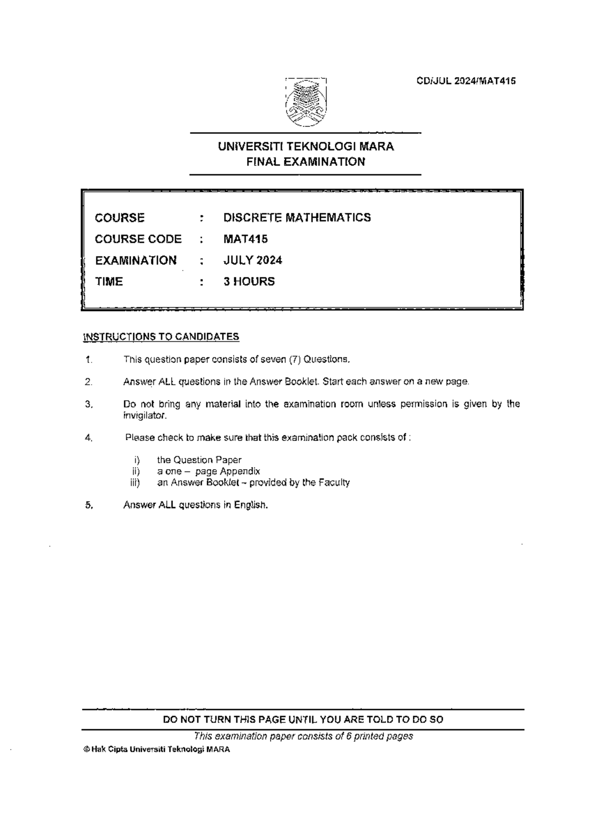 MAT415 Discrete Mathematics Final Exam Paper - July 2024 - Studocu