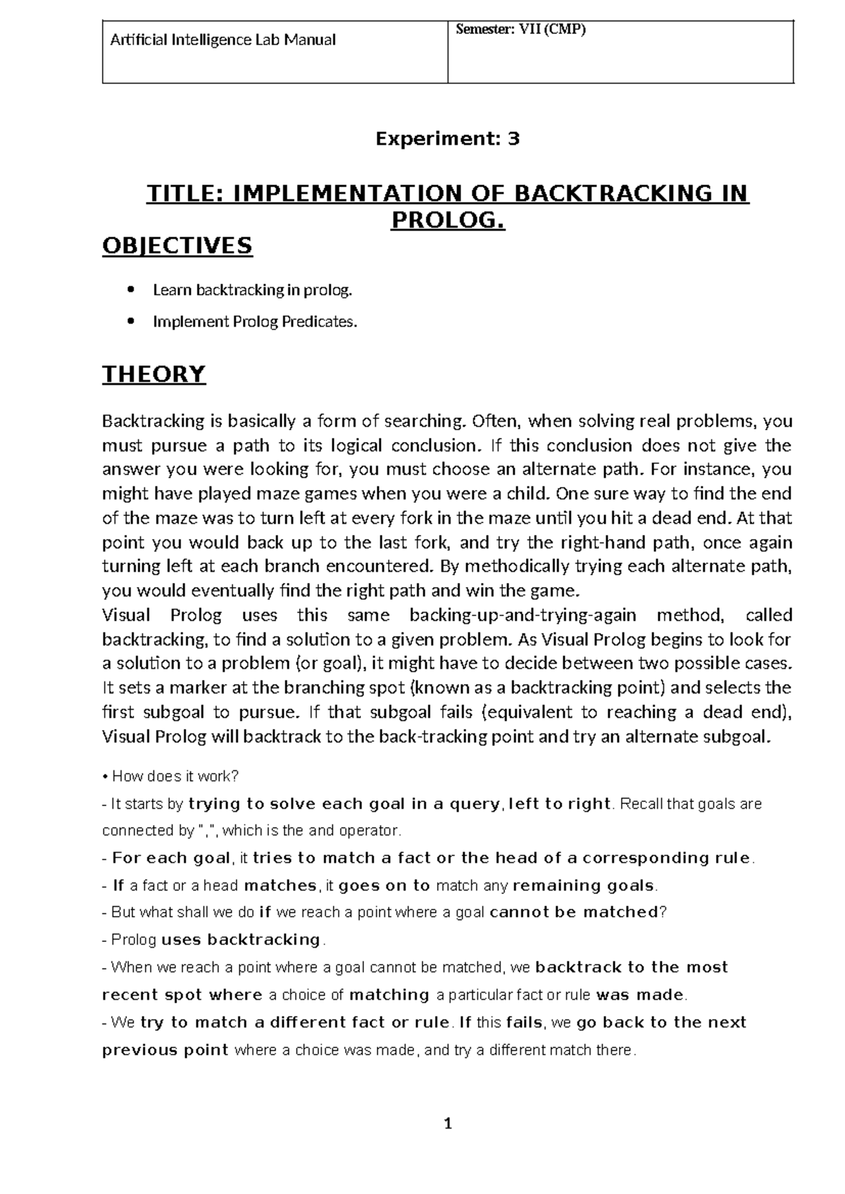 Ai Lab 3 - IMPLEMENTATION OF BACKTRACKING IN PROLOG - Artificial Intelligence Lab Manual ...