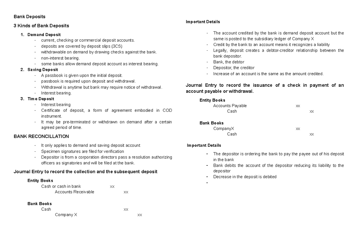BANK 3 Types of Deposits & Reconciliation Notes for Review - Studocu