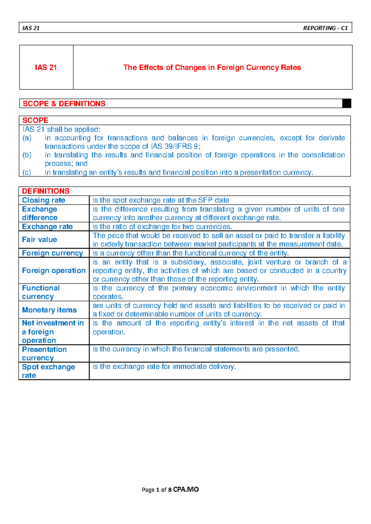 IAS21-SN - Notes - SCOPE IAS 21 shall be applied: (a) in accounting for ...