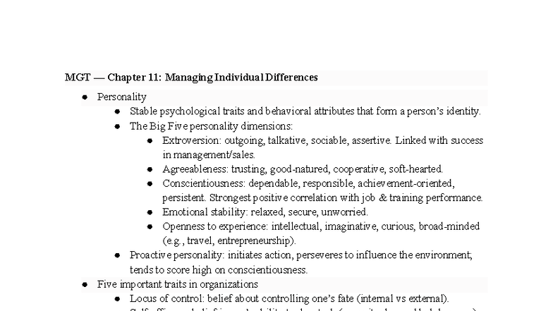 MGT Chapter 11-13: Managing Individual Differences & Team Dynamics ...