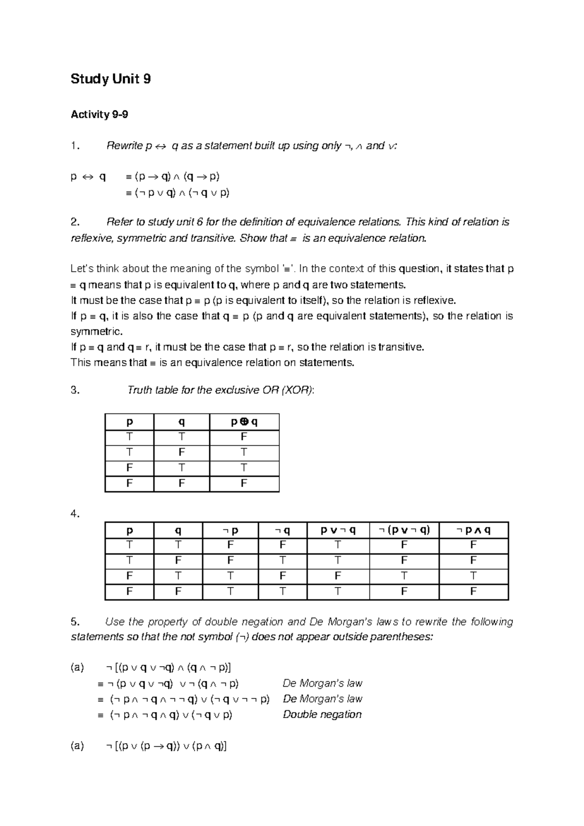 Study Unit 9 Activity: Equivalence Relations & Truth Tables - Studocu
