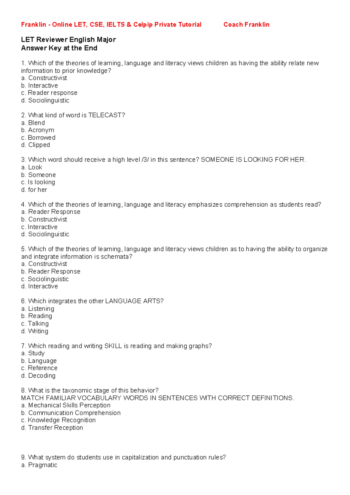 LET Reviewer for English Major: Franklin Online CSE, IELTS, Celpip ...