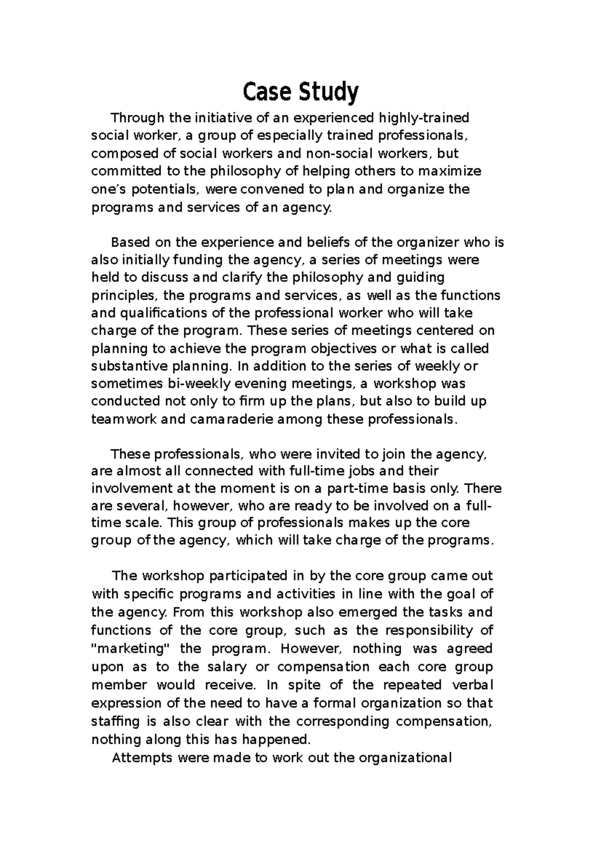 Organization Case study in Social Work - Social Work and Social Welfare Principles - Studocu