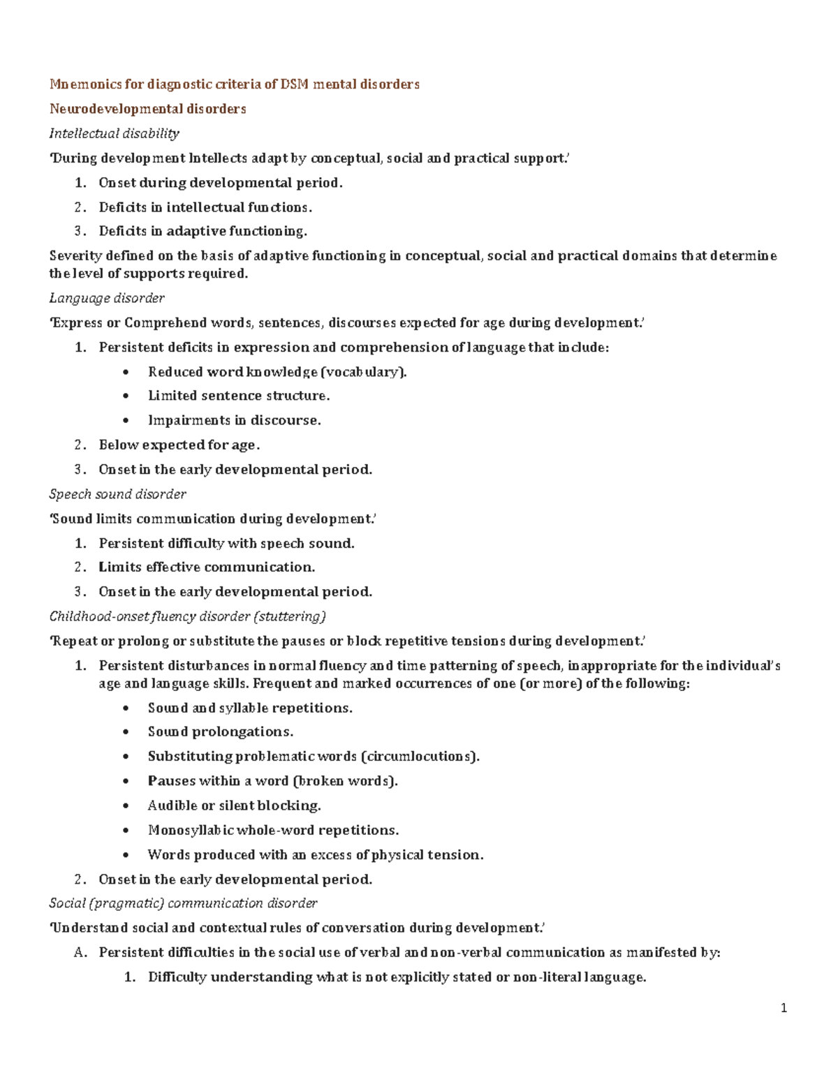 Mnemonics for DSM Mental Disorders: Key Criteria and Tips - Studocu