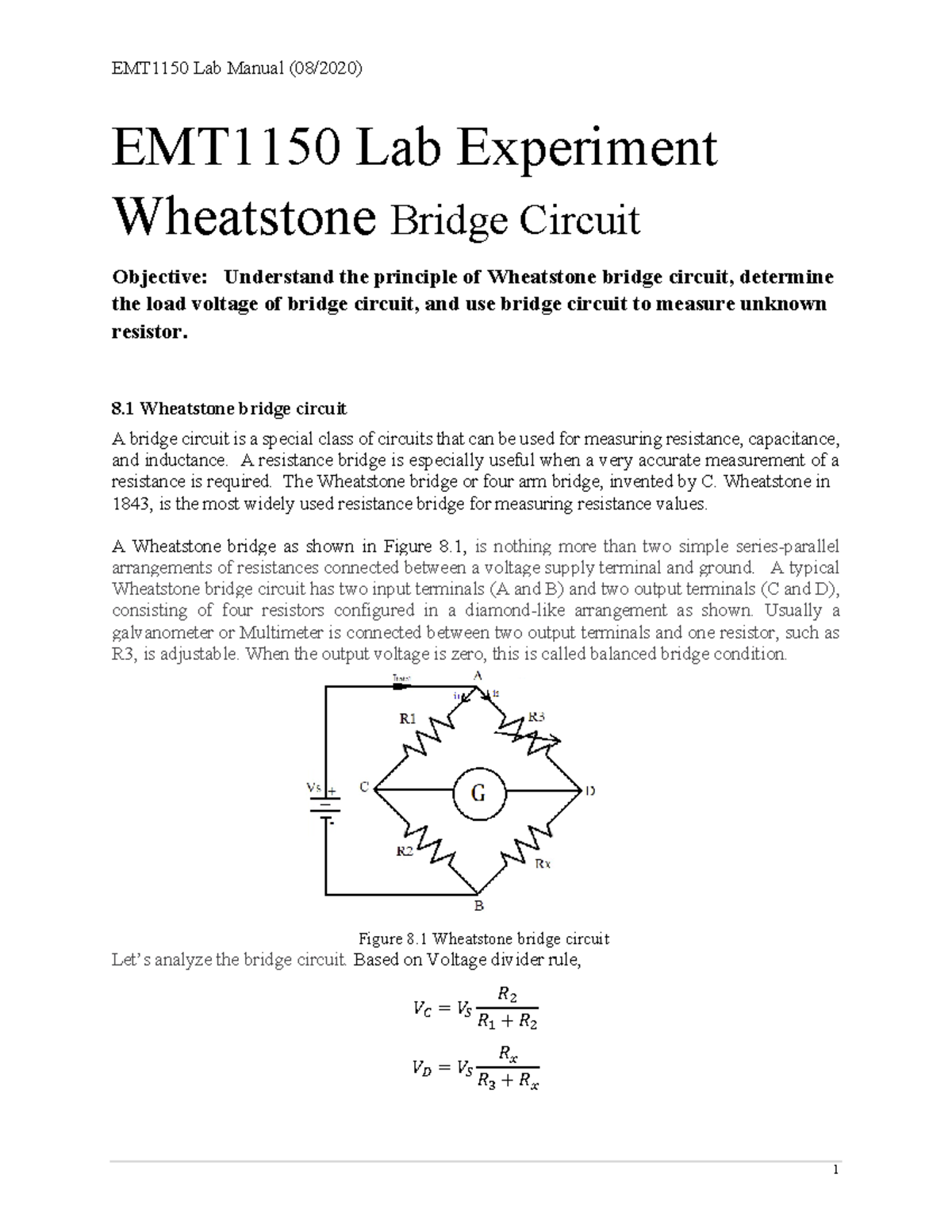 EMT1150 Lab8 - LAB TABLES - EMT1150 Lab Experiment Wheatstone Bridge ...