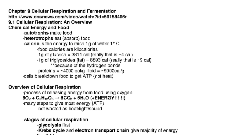 Chapter 9.1 Notes: Cellular Respiration & Fermentation - Honors - Studocu