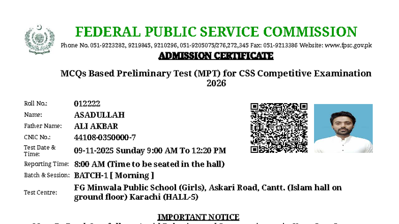 CSS Competitive Exam 2026: Admission Certificate & MPT Guidelines - Studocu