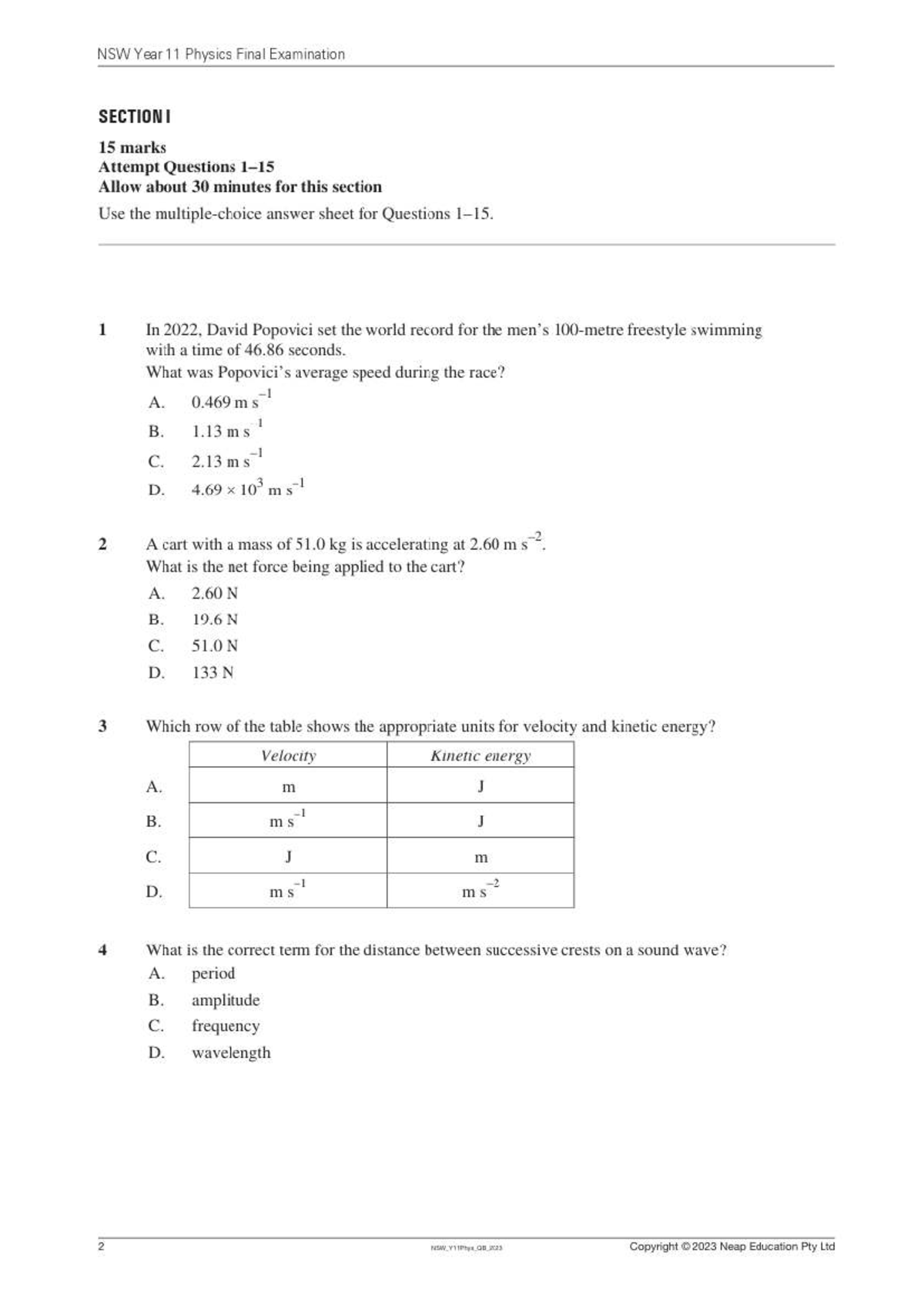 NSW Year 11 Physics Final Exam Questions & Answers 2023 - Studocu