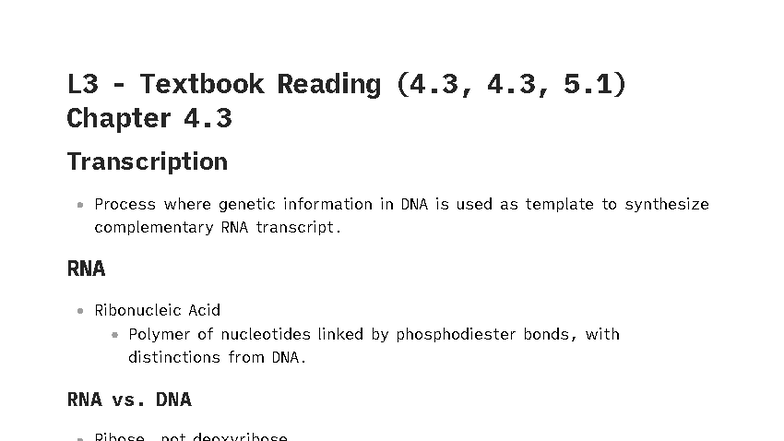 L3 - Chapter 4.3 Transcription Process and RNA Synthesis Overview - Studocu