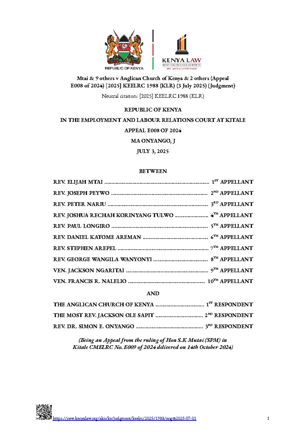 Mtai & Others v Anglican Church of Kenya (Appeal E008/2024) - Judgment ...
