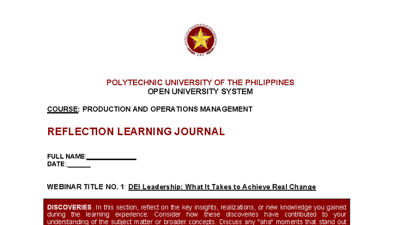 PUP Reflection Learning Journal: Insights from Production & Operations ...