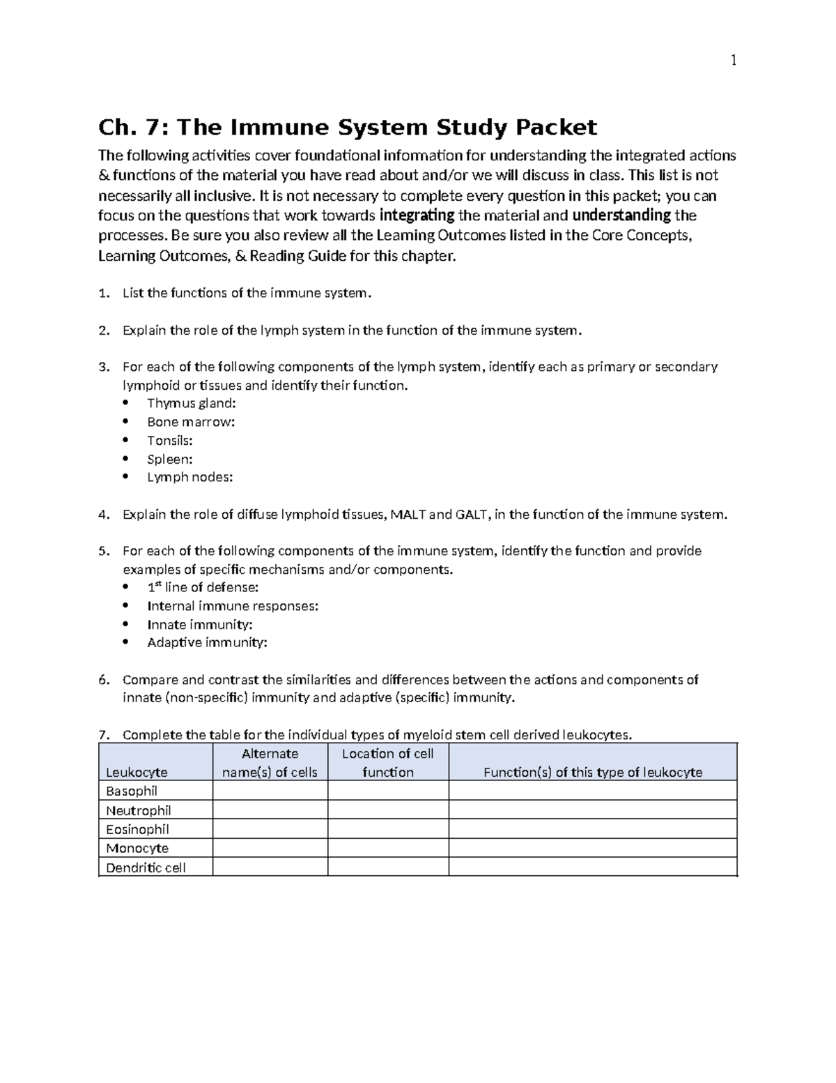 Ch. 7 Immune System Study Packet: Key Concepts & Activities - Studocu