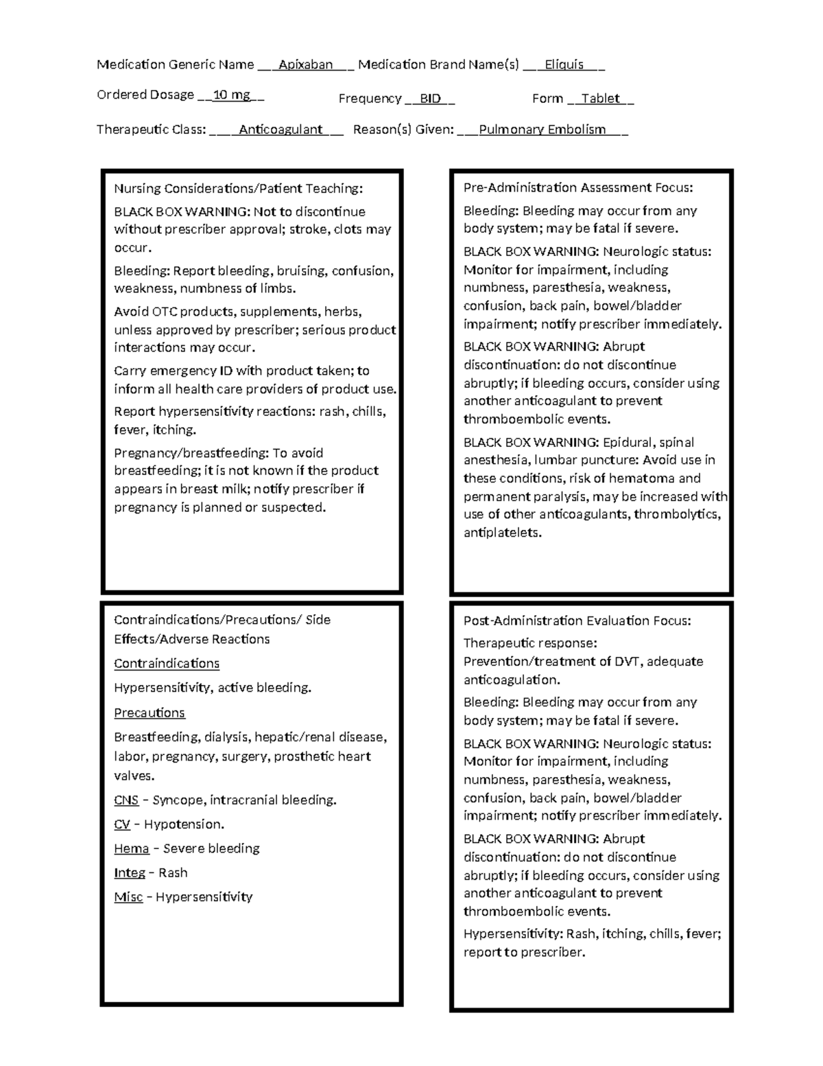 Apixaban (Eliquis) Drug Card: Nursing Considerations & Warnings - Studocu
