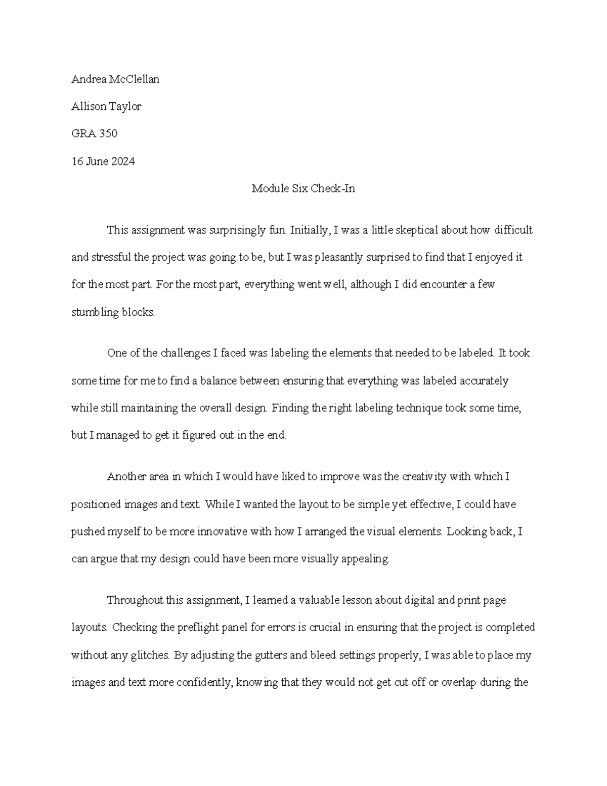 GRA 350 Module 6 Check-In Paper: Reflections on Design Challenges - Studocu