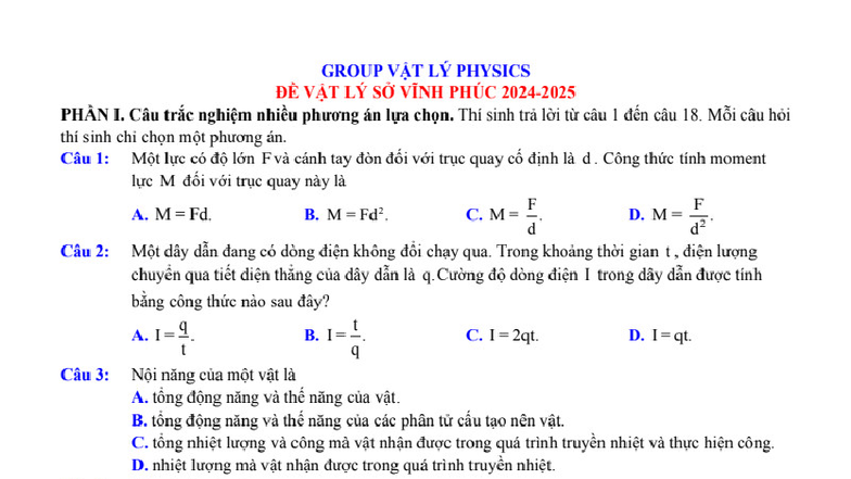 GROUP VÂT LÝ PHYSICS DE VAT LÝ SO VINH PHÚC - Câu Trắc Nghiệm Phần I ...