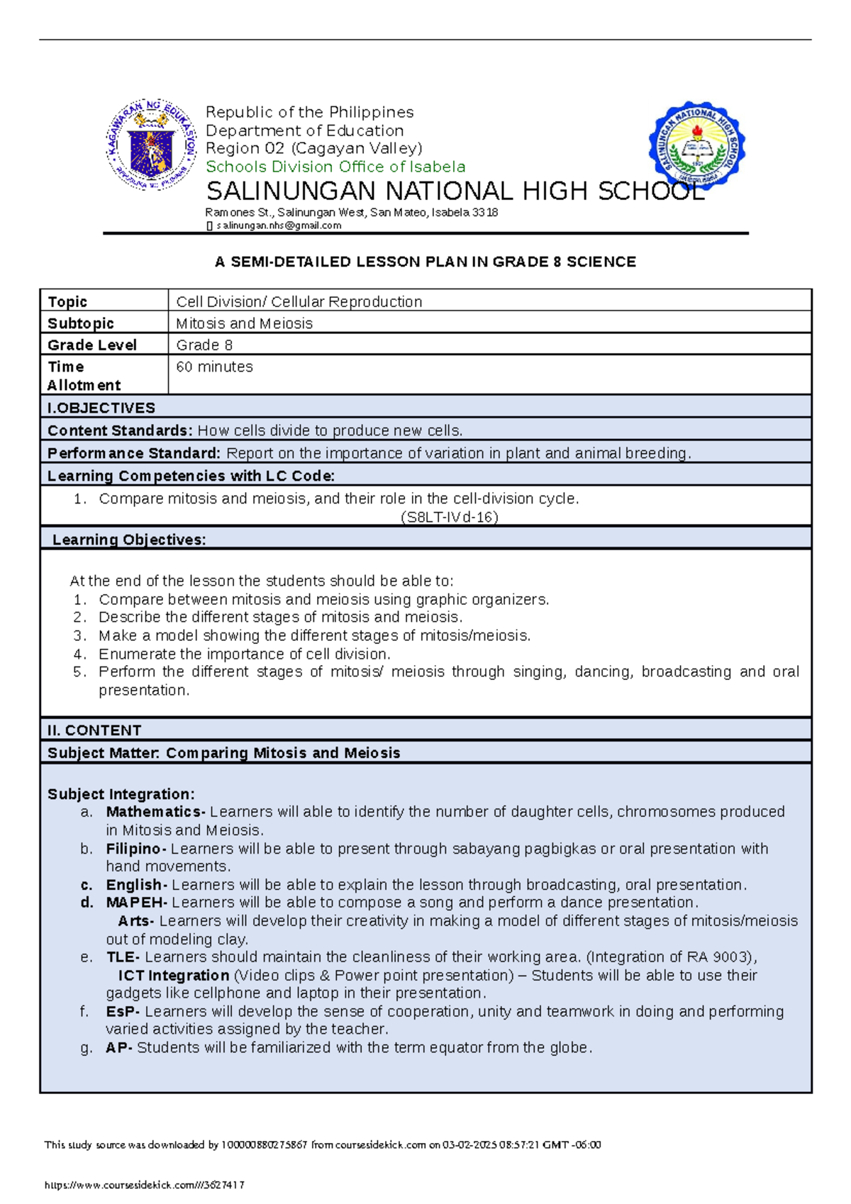 Grade 8 Science Lesson Plan: Mitosis & Meiosis Overview - Studocu