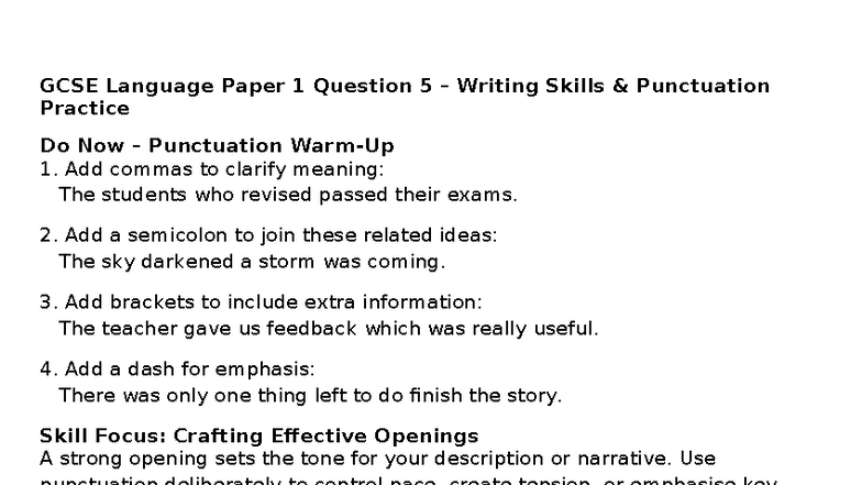 GCSE Language Paper 1 Q5 Punctuation Practice Worksheet - Studocu