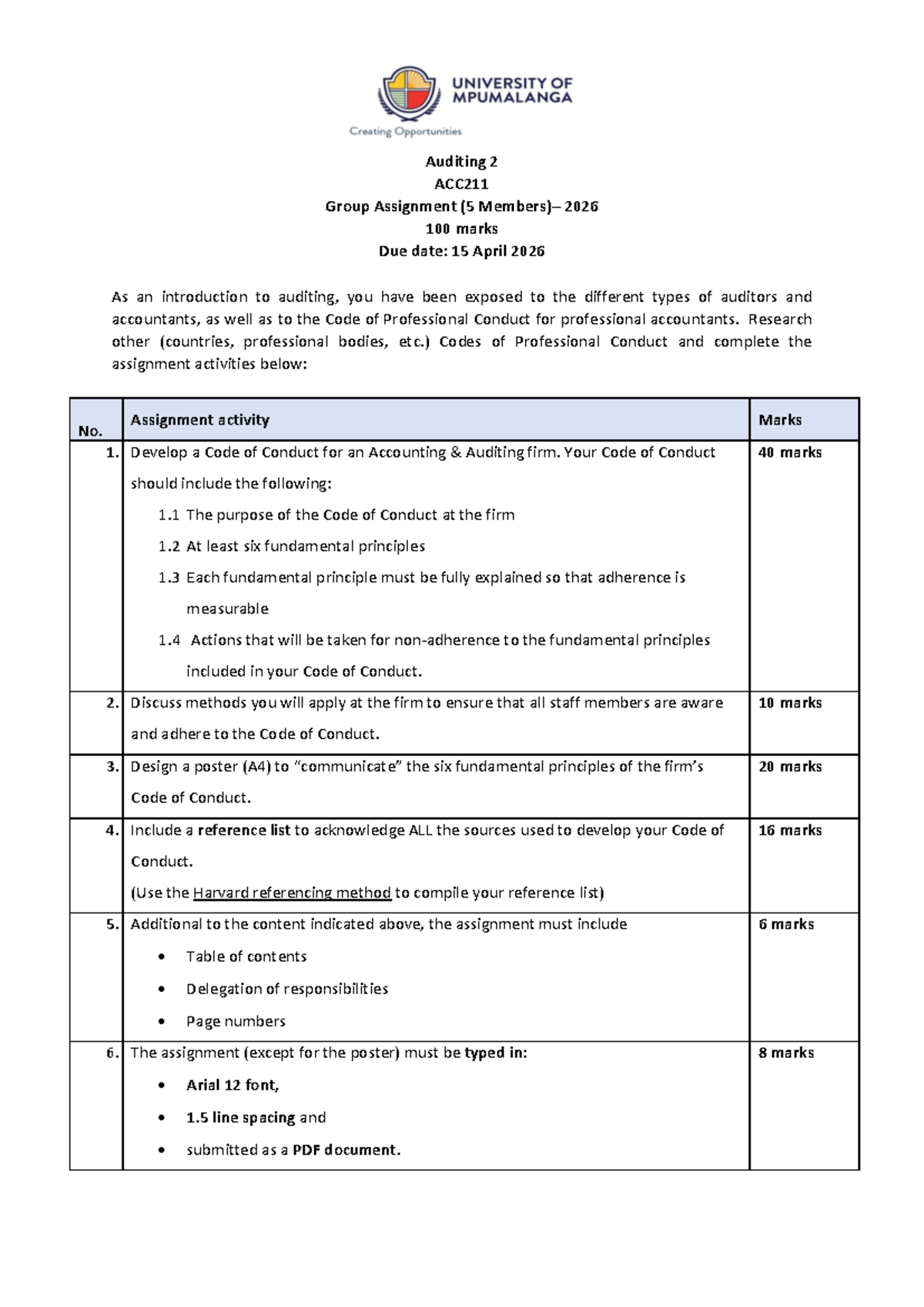 ACC211 - Auditing 2 Group Assignment: Code of Conduct Development - Studocu