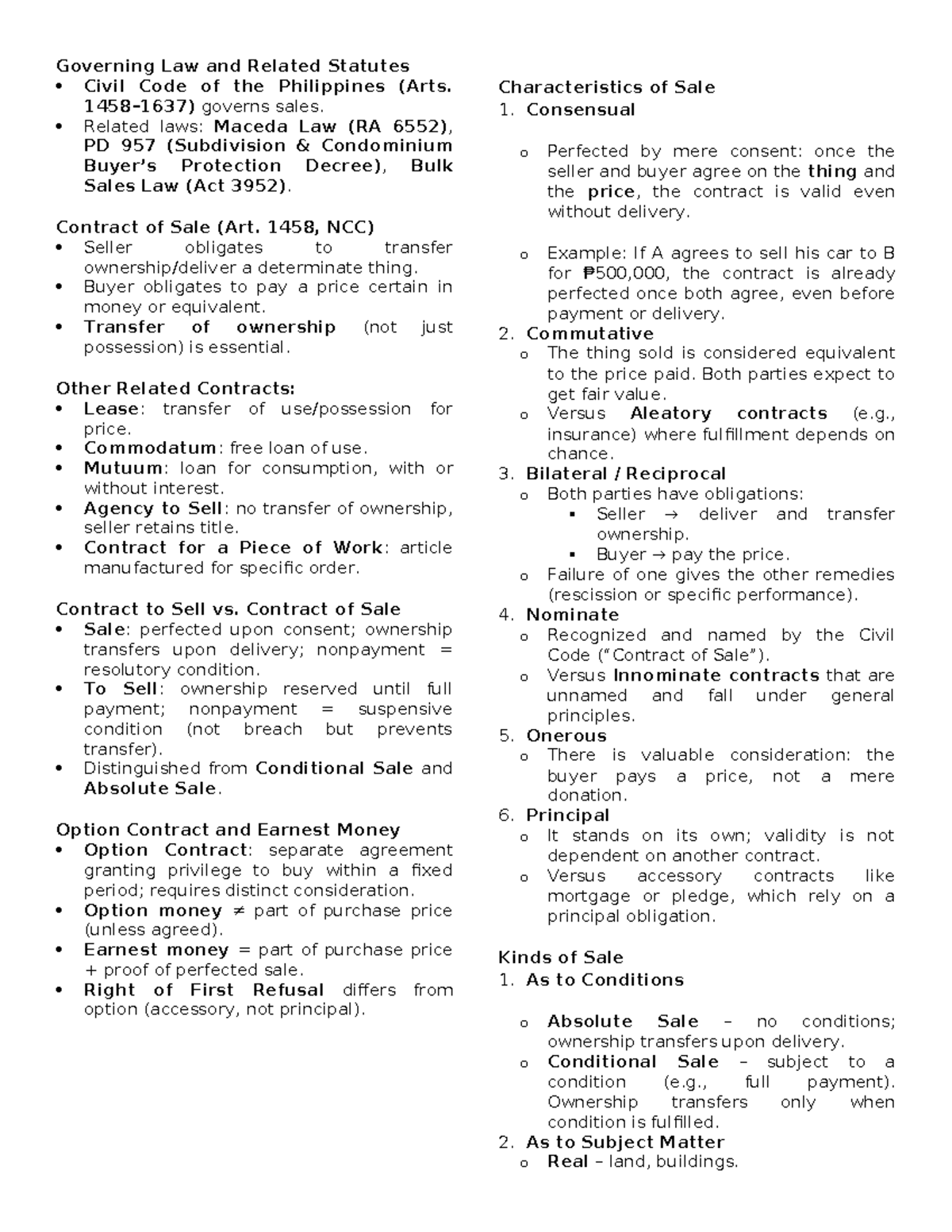 Sales and Governing Laws: Civil Code of the Philippines (Arts.) - Studocu