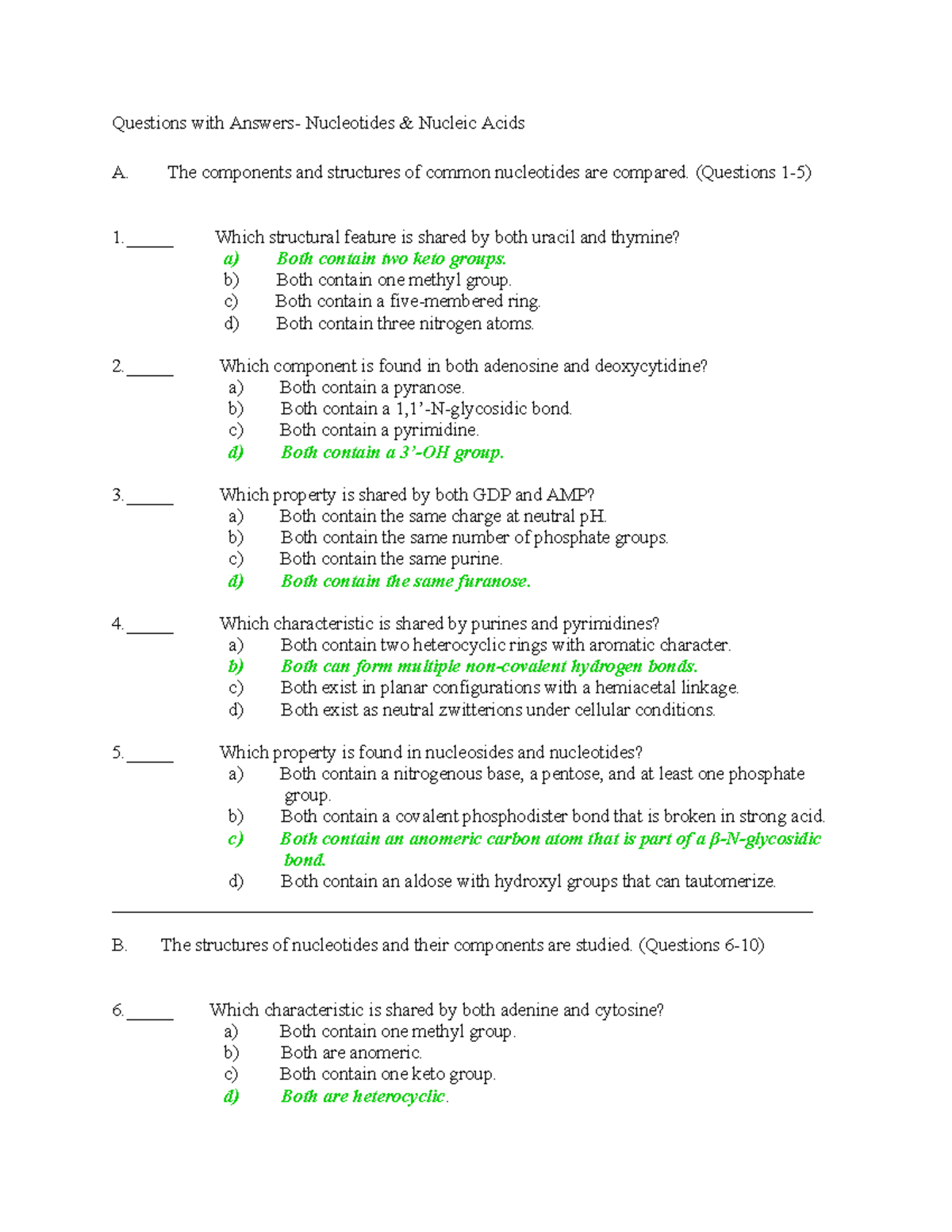 Nucleic Acids and Nucleotides: Study Questions and Answers (Revision ...