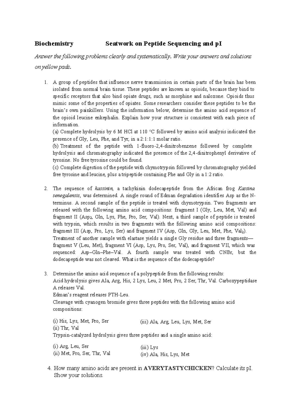 Biochemistry Seatwork: Peptide Sequencing & pI Analysis (BIOC 101 ...