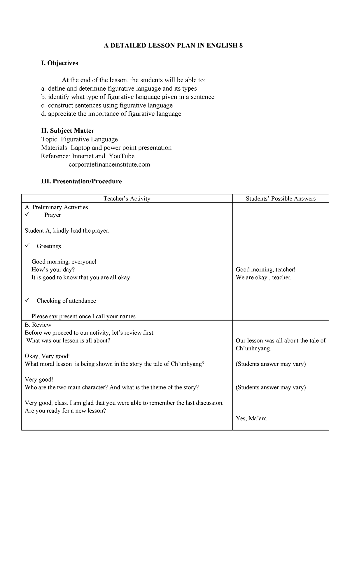 ENG8 Lesson Plan: Exploring Figurative Language Techniques - Studocu