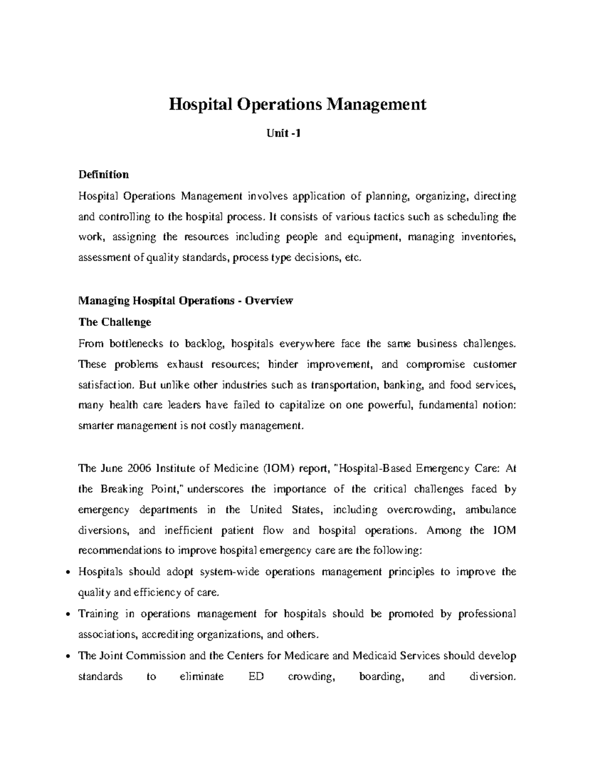 Hospital Operations Management - Key Concepts and Challenges - UNIT 1 - Studocu