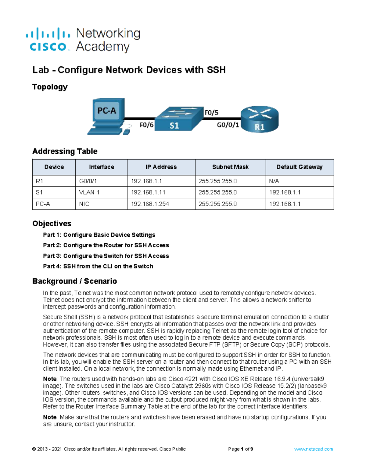 04.4.9 Lab - SSH Configuration for Routers and Switches - Studocu