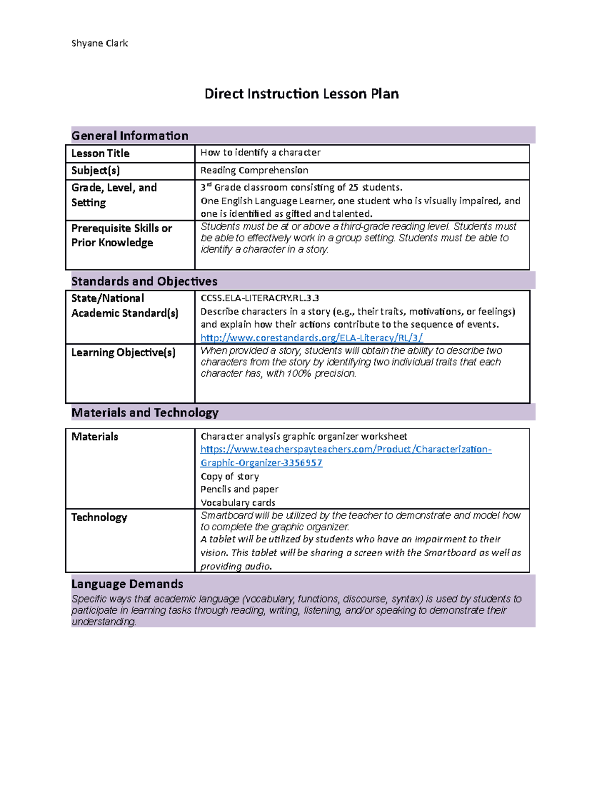 C909 Direct Instruction Lesson Plan: Identifying Characters in 3rd Grade - Studocu