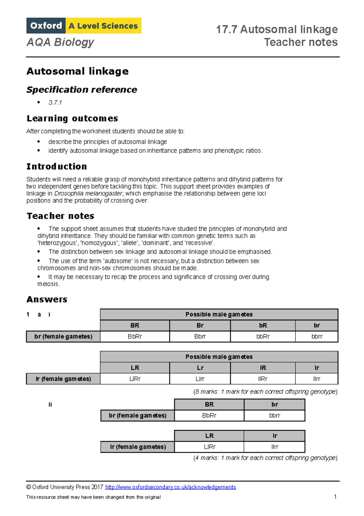 Autosomal Linkage Overview and Teacher Notes - AQA Biology MS 1 - Studocu