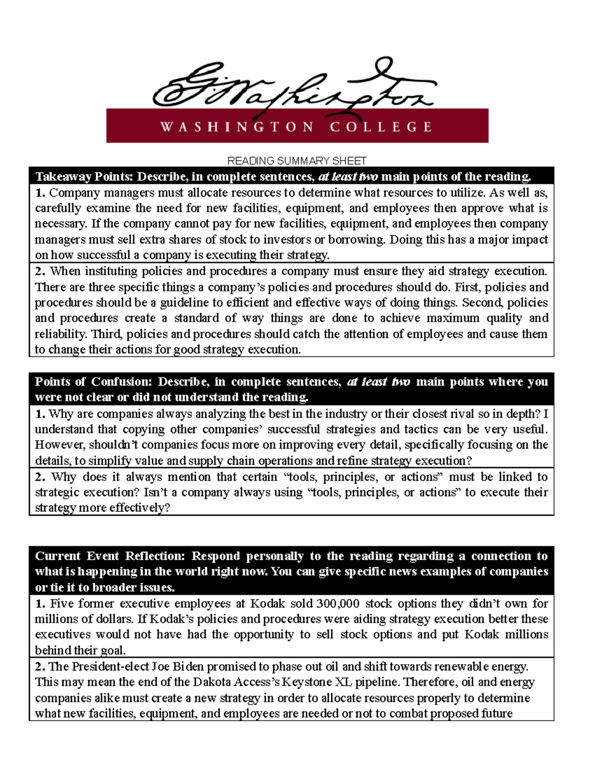 Summary Sheet of Reading Takeaways & Points of Confusion - 11 - Studocu