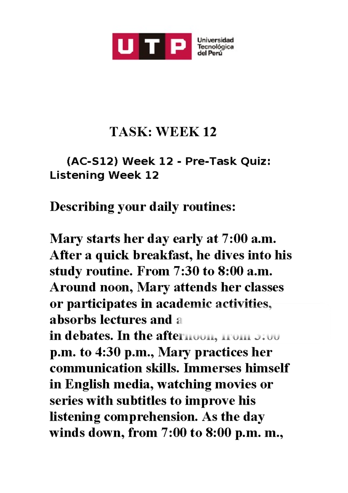 (AC-S012) Week 12 - Daily Routines Listening Activities - Studocu