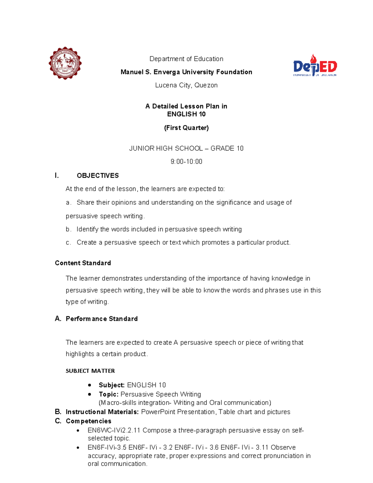 Gr10 ENGLISH 10 Detailed Lesson Plan: Persuasive Speech Writing - Studocu