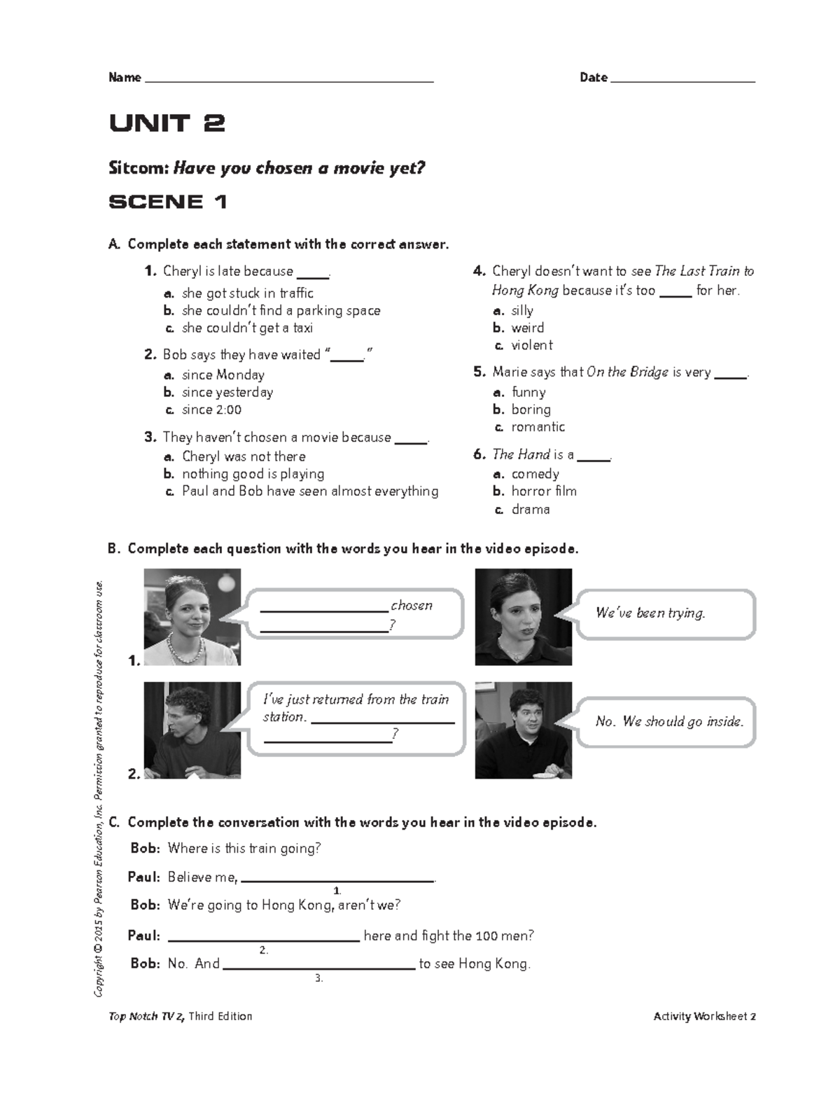 Top Notch TV 2 - UNIT 02 Activity Worksheets for Sitcom Scene Analysis ...