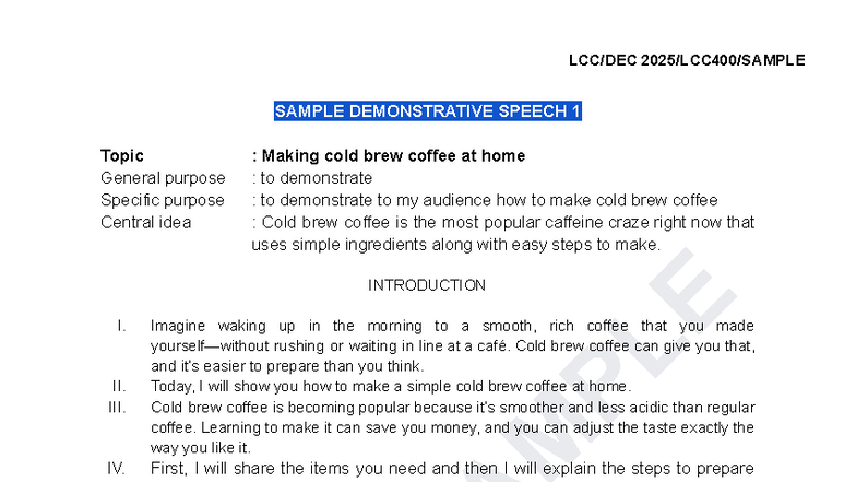 Assessment 2: Sample Demonstrative Speech on Making Cold Brew Coffee ...